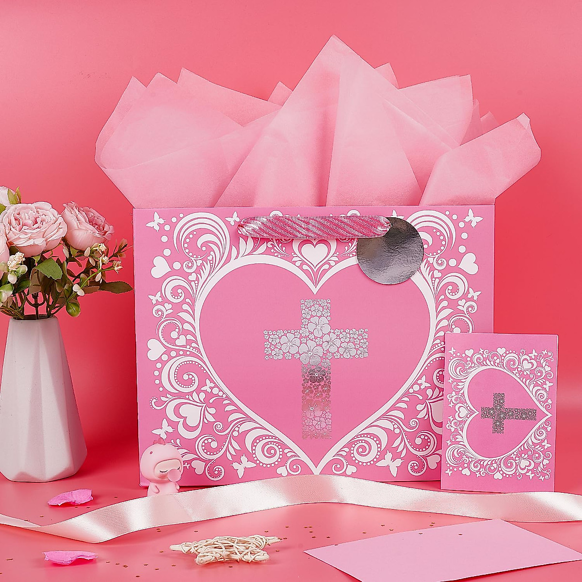 JWSCYSY 12.6" Large Pink Gift Bag with Metallic Silver Floral Cross Design, Card and Tissue Paper for Baby Girl Baptisms, Christenings, First Communions Religious