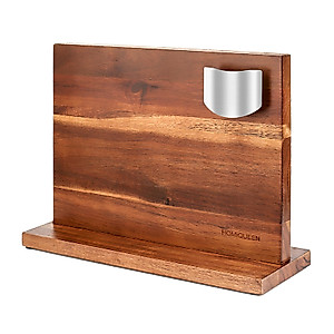 Magnetic Knife Block, Double Sided Magnetic Knife Holder Rack with Strong Enhanced Magnets, Acacia Wood Magnetic Knife Storage Stand with Stainless Steel Finger Protector