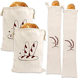 4 Packs Linen Bread Bags for Homemade Bread, Unbleached, Reusable Bread Storage Bakery & Baguette