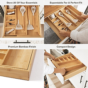 KitchenEdge Adjustable Kitchen Drawer Organizer for Utensils and Junk, Food-Safe Contract Grade with 100% Sustainable Wood, Non-Slip, Expandable from 10.5 to 18.5 Inches Wide - Natural Bamboo