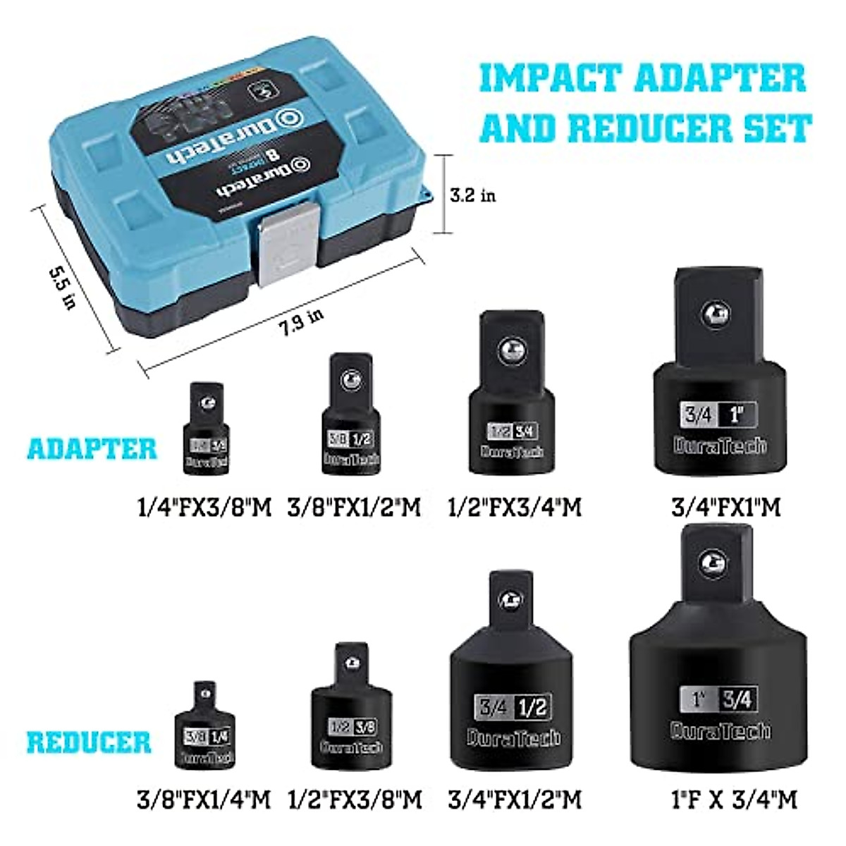 DURATECH 8-Piece Impact Socket Adapter and Reducer Set, 1/4", 3/8", 1/2" and 3/4" Drive Socket Adapter with Storage Case, Square Drive, Premium CR-V Steel Made