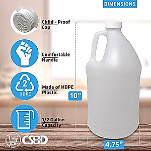 CSBD Clear Plastic Jugs with Child Resistant Lids, 2-Pack, Storage Containers with Ergonomic Handle, HDPE Construction for Residential or Commercial Use, 1/2 Gallon