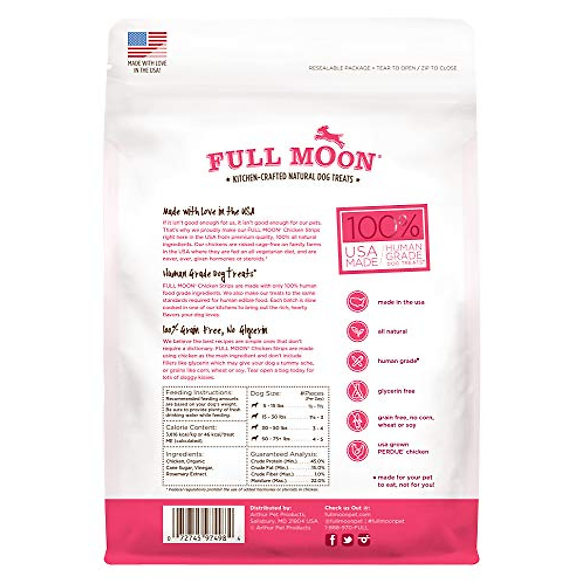 Full Moon All Natural Human Grade Dog Treats, Chicken Strips, 12.5 Ounce