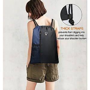 BeeGreen Drawstring Backpack Sports Gym Bag for Women Men Large Cinch Sackpack with 2 Zipper Pockets and Water Bottle Mesh Pockets Black Navy