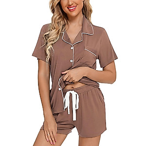 Gepansis Button Down Pajama Sets Women Short Sleeve Summer Sleepwear Set 2 Piece Pj Set Light Brown Medium