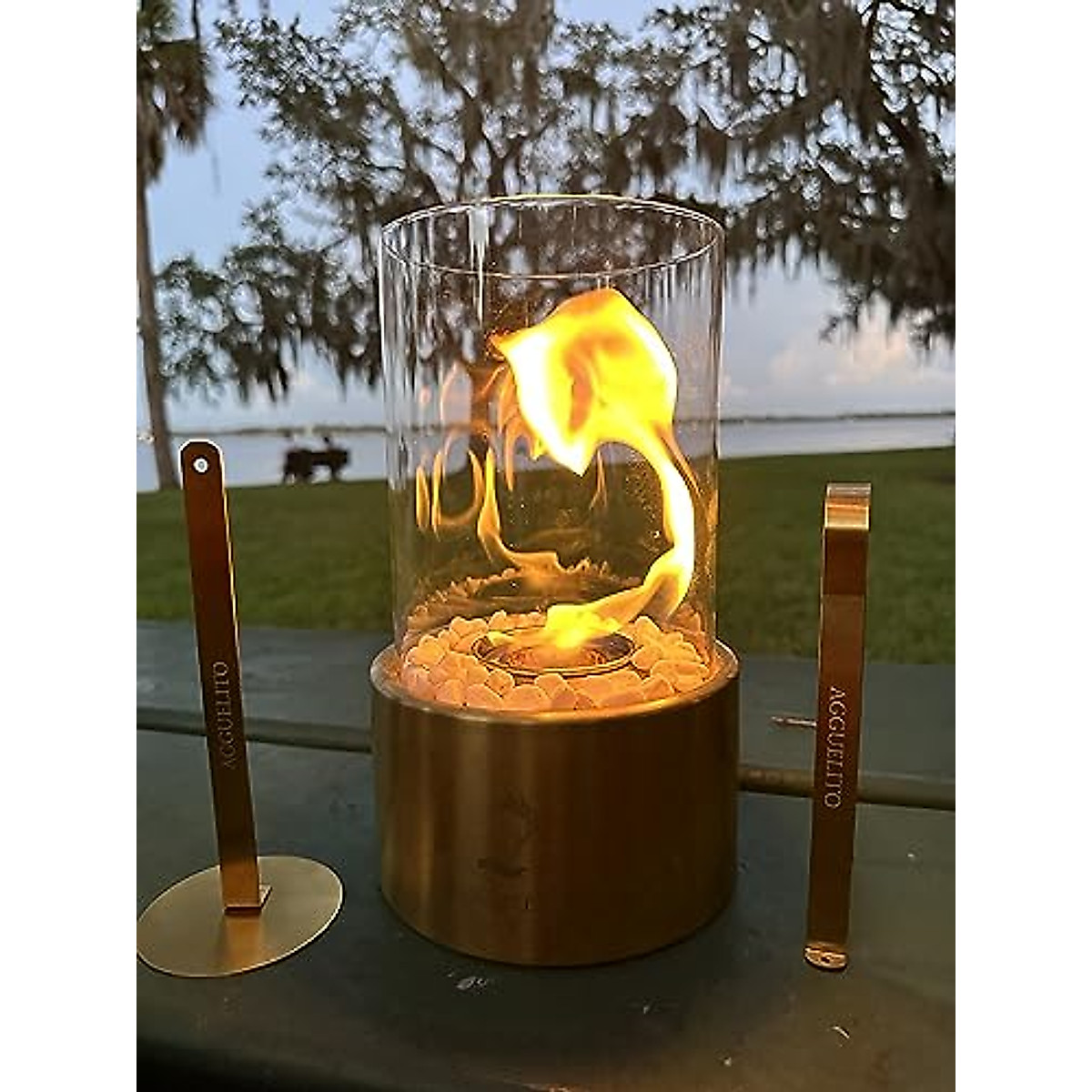 Gold Table top FirePit - Elegant Portable Tabletop Fireplace with Protective Glass & Bioethanol or Alcohol Burner - Perfect for Patio Decor & Housewarming Gifts - Tabletop firepit Indoor & Outdoor.