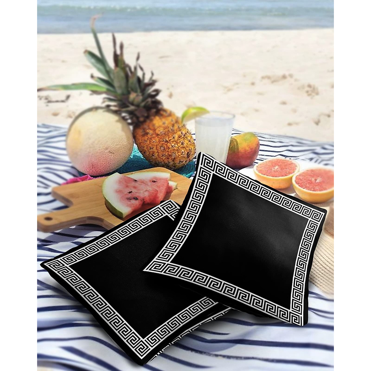 Funy Decor Waterproof Outdoor Throw Pillow Cover Geometric Greek Key Design Lumbar Pillowcases Set of 2 Black Decorative Patio Furniture Pillows for Couch Garden 18x18 inch