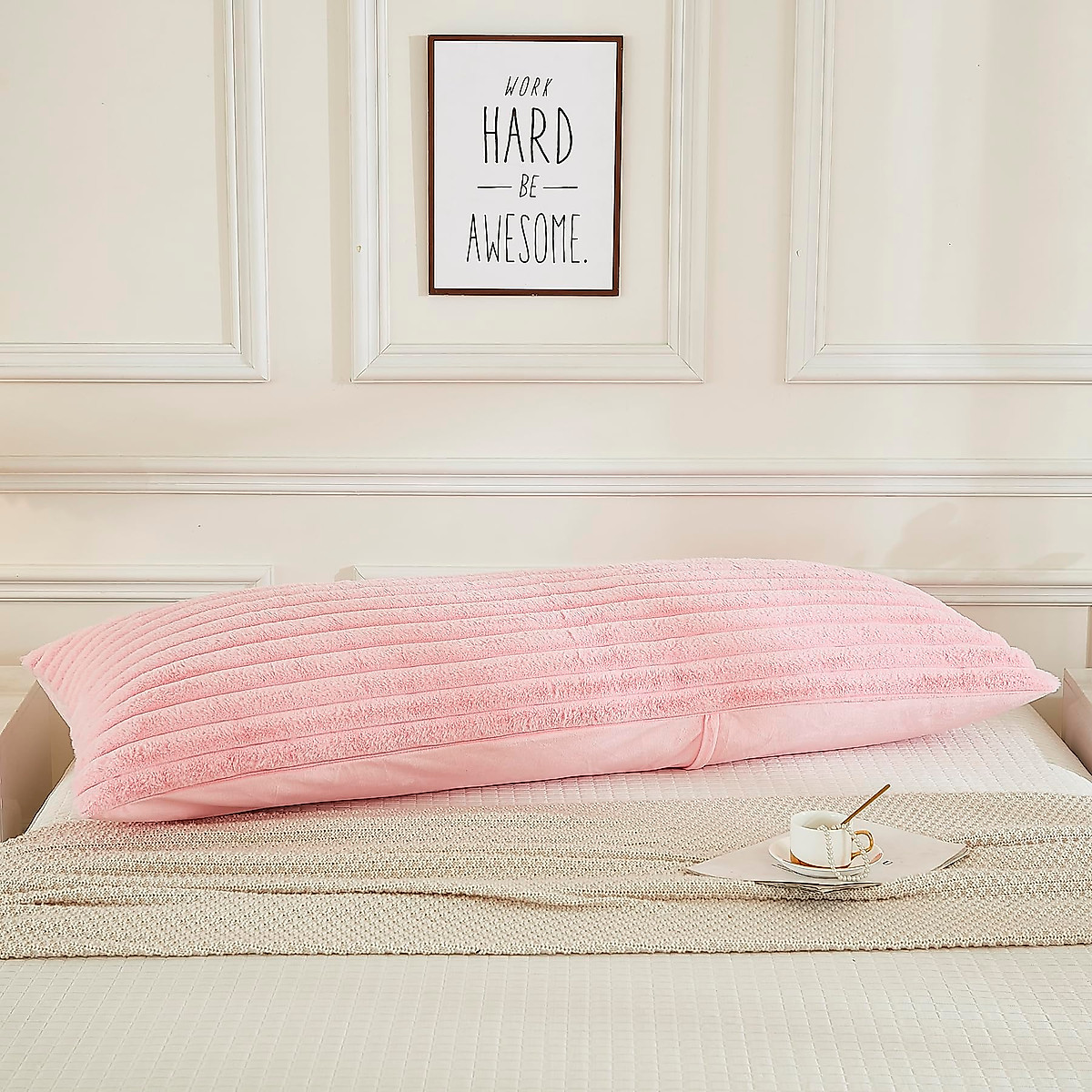 JAUXIO Faux Fur Fluffy Body Pillow Cover Luxury Striped Plush Decorative Body Pillowcase, Ultra Soft and Cozy Zipper Closure 21 x 54 Inches, Pink