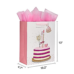 SUNCOLOR 13" Large Gift Bags for Girls Birthday Party with Tissue Paper (2 Pack, Cakes)