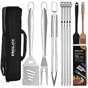 Grilljoy 10PC Extra Thick Stainless Steel Grill Tools Set, Heavy Duty Barbecue Spatula, Fork, Tongs, Skewers with Portable Bag, Deluxe Grill Utensils Set for Men Women Birthday Gift