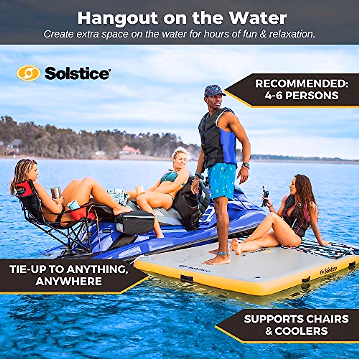 SOLSTICE ORIGINAL Floating Inflatable Dock Platform 8 X 5 FT Float For Lake Boat Pool Ocean | Water Mat Swim Deck Raft For Multiple Adults Kids Dogs | Heavy Duty Dropstitch 6 Inch Thick W/ Bag-&-Pump