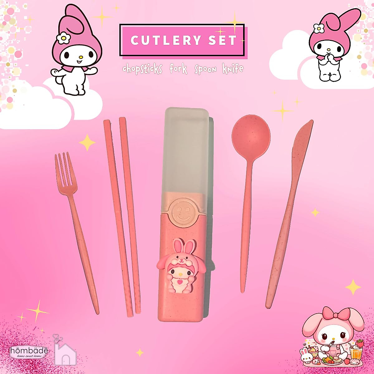 hombäde Plastic Cutlery Tableware Flatware Silverware 5 Piece Set Portable Reusable Travel Cute Kawaii Anime Cartoon Dog Bunny for Boys and Girls (Pink Melody)