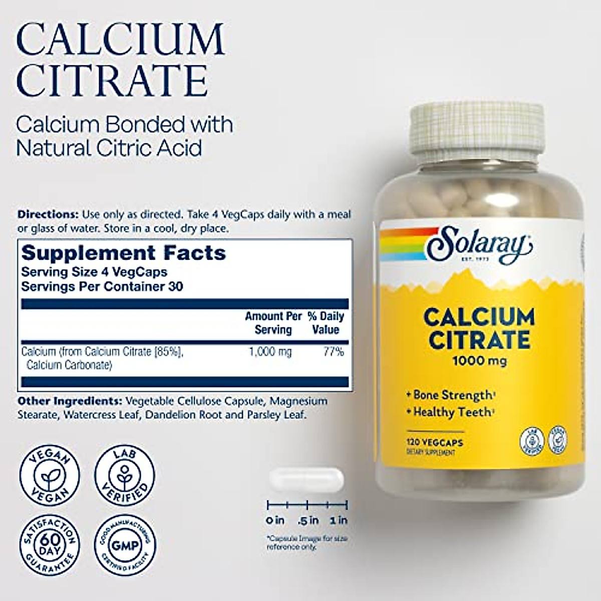 Solaray Calcium Citrate Capsules, 1000mg, 120 Count