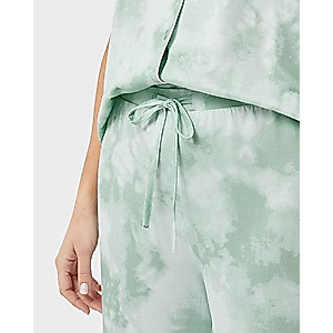 32 DEGREES Women's Cool Button Up 3 Piece Sleep Set |4-Way Stretch | Button up Top | Lounge Capri and Short, Light Mint Hazy Tie Dye, Large