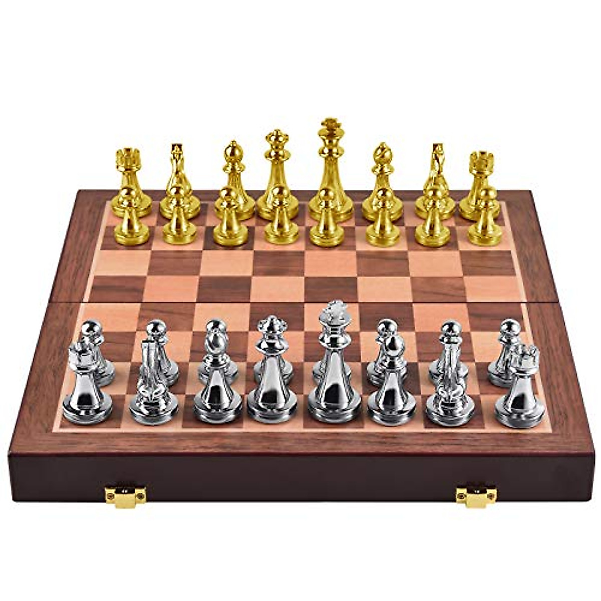 Agirlgle Metal Chess Set for Adults and Kids – Deluxe Chess Board with Chess Pieces – Travel Wooden Chess Set with Metal Pieces – Folding Chessboard – Ideal for Beginners and Professional Players