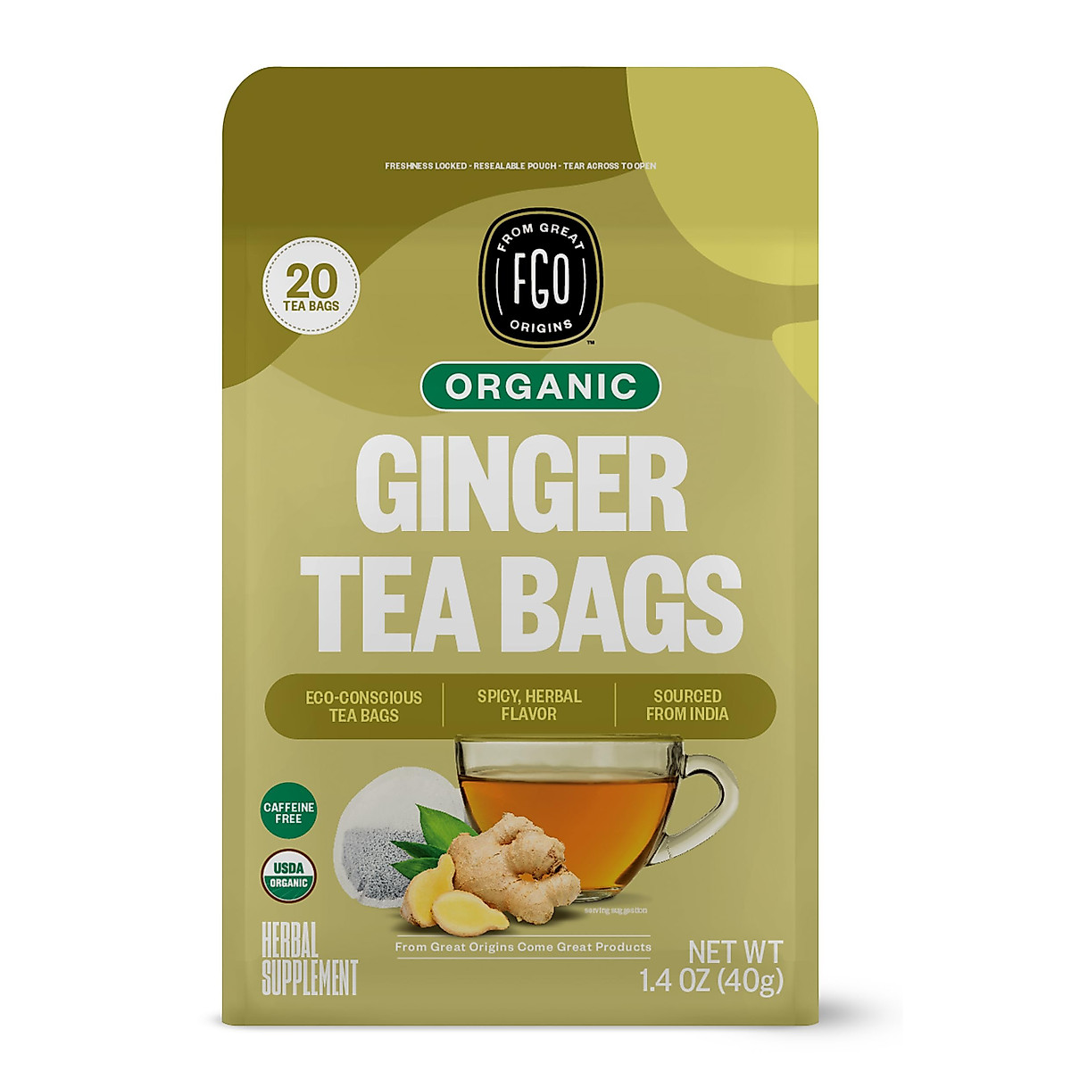 FGO Organic Ginger Tea, Eco-Conscious Tea Bags, 20 Count, Packaging May Vary (Pack of 1)