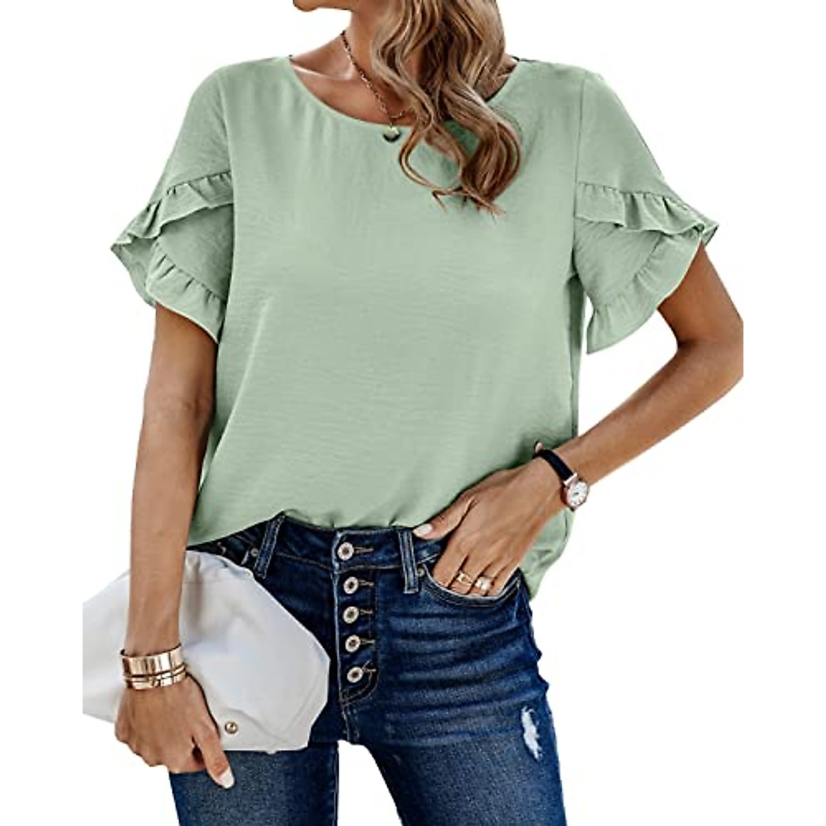 PRETTYGARDEN Women's Shirts Summer Casual Crewneck Lace Crochet Short Sleeve Blouses Cute Floral Print Loose Tunic Tops(Solid Light Green,Large)