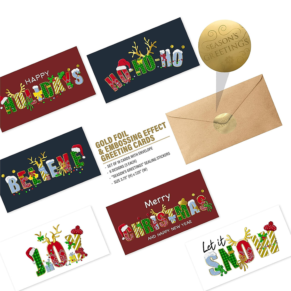 easykart labels 18 Christmas Cards Assortment with Envelopes & Sealing Stickers,Holiday Theme 6 Designs with Foiling & Emboss Effect,7.25" x 3.75" For Friends, Family and loved Ones