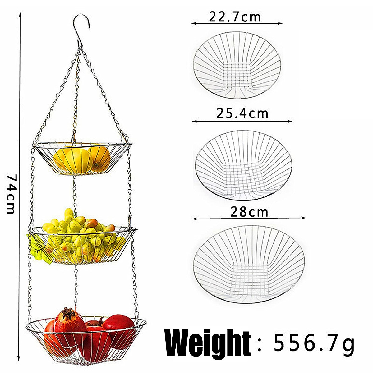 YYTONG 3 Tier Fruit Basket Hanging Heavy Duty Metal Fruit Baskets Bowl Vegetable Organizer for Kitchen, Detachable Vegetable Storage Fruit Stand Holder, Countertop Space Saver (Silver)
