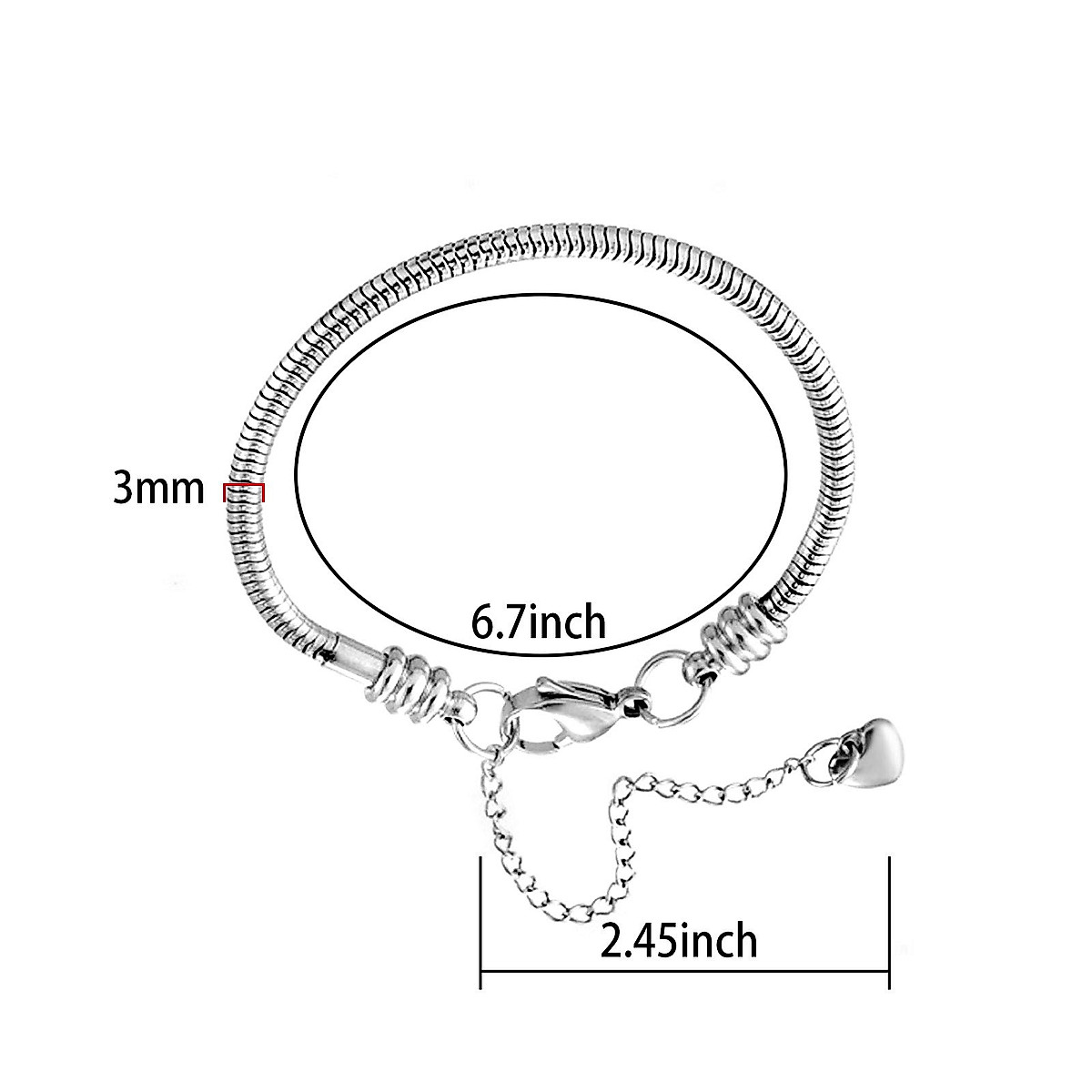 KunBead Heart Lobster Clasp Snake Chain Charm Adjustable Bracelets Compatible with Pandora Charms for Jewelry Making-6.7''