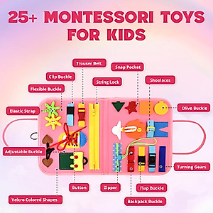 Bouncing Bobo Toddler Busy Board for 1 Year Old + Busy Book for Toddlers 1-3 with 25+ Educational Activities, Airplane Travel Essentials for Kids (Pink)