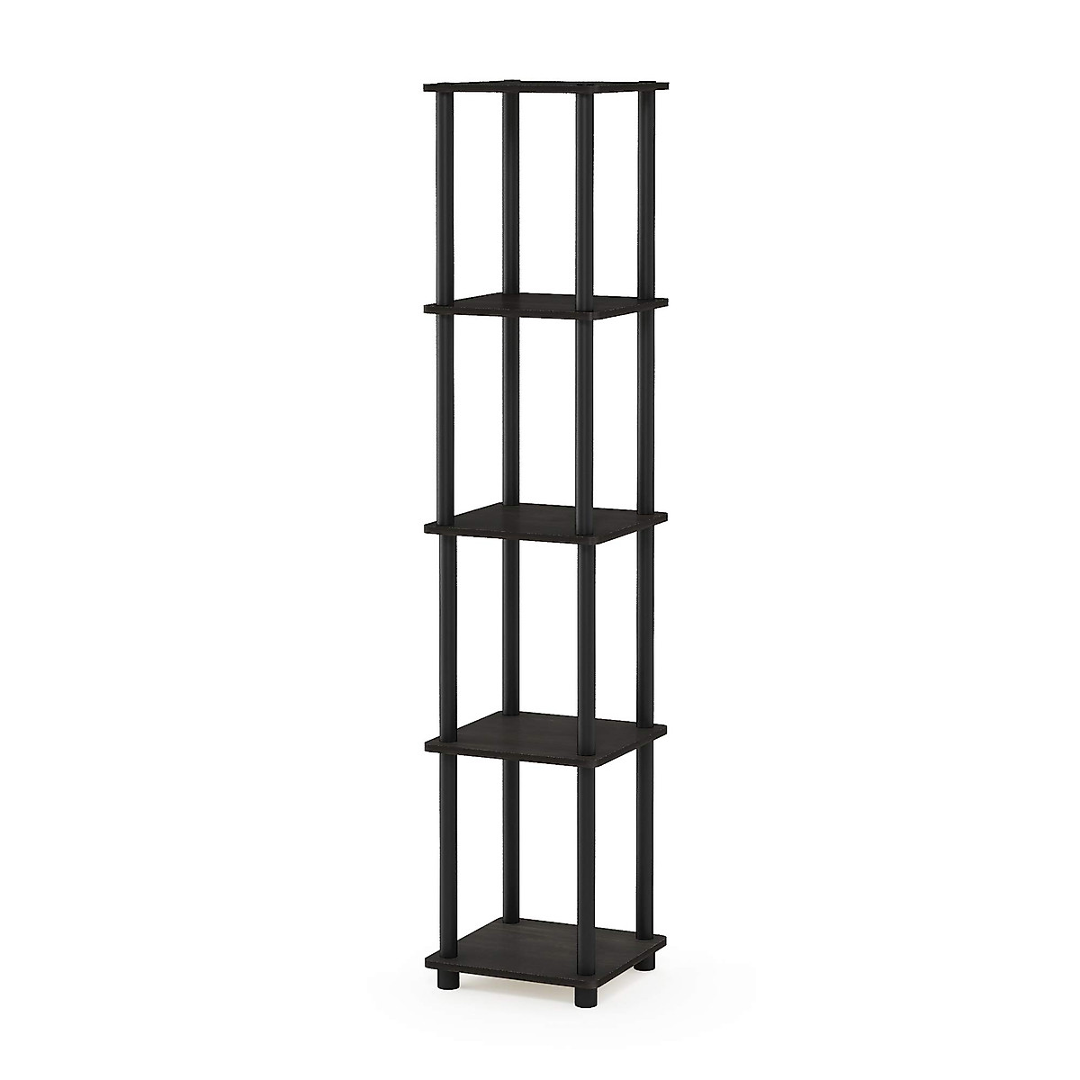 Furinno Turn-N-Tube 5-Tier Corner Square Rack Display Shelf, Round, Espresso/Black & Just 3-Tier Turn-N-Tube End Table/Side Table/Night Stand/Bedside Table, 2-Pack, Americano/Black