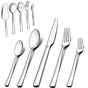LIANYU 65-Piece Silverware Set with Serving Utensils, Stainless Steel Square Flatware Cutlery Set for 12, Eating Utensils Tableware Set, Mirror Finish