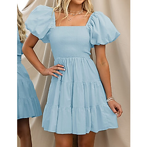 ZESICA Women's Boho 2025 Summer Square Neck Puff Sleeve Off Shoulder Smocked Tiered Casual A Line Short Mini Dress,LightBlue,XX-Large