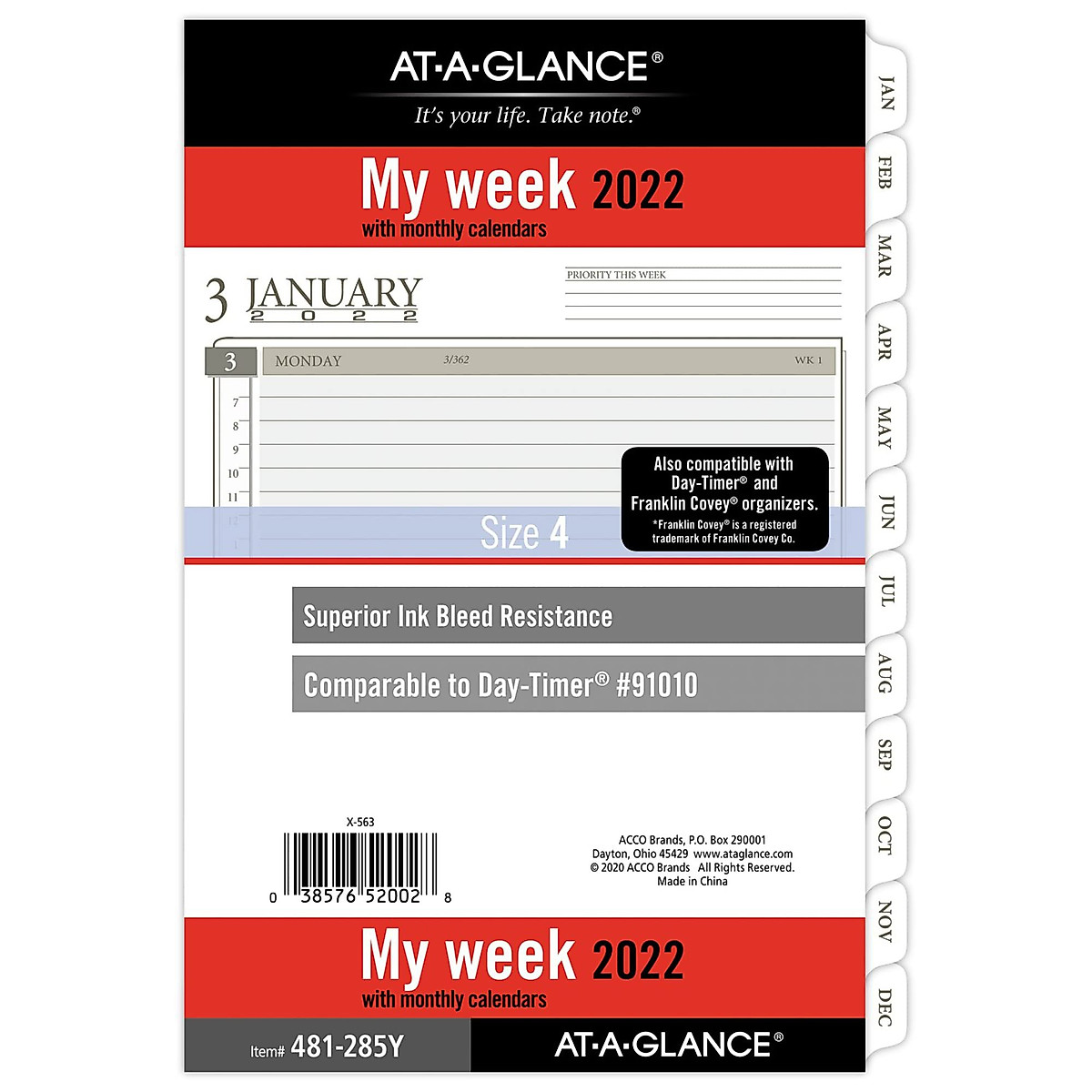 2022 Weekly & Monthly Planner Refill by AT-A-GLANCE, 91010 DAY-TIMER, 5-1/2" x 8-1/2", Size 4, Desk Size, Loose-Leaf (481-285Y)