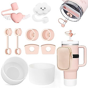 Stanley Cup Accessories Set Includs 1 Pcs Water Bottle Pouch, 6 Pcs Silicone Spill Proof Stopper, 2 Pcs Straw Cover Cap(9-10mm Straw), 1 Pcs Silicone Boot for Stanley Cup 40oz & 30oz Tumbler (Pink)