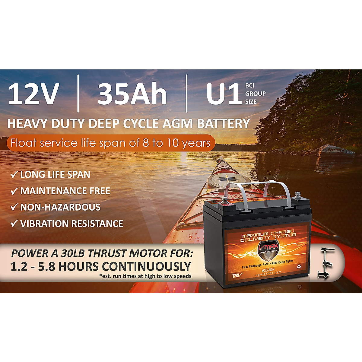 VMAXTANKS V35-857 12V 35AH AGM Marine Deep Cycle Battery for Berkley BTX25 - Saltwater Electric Trolling Motor (12V 35AH, GROUP U1, 7.7"x 5"x 6.1")