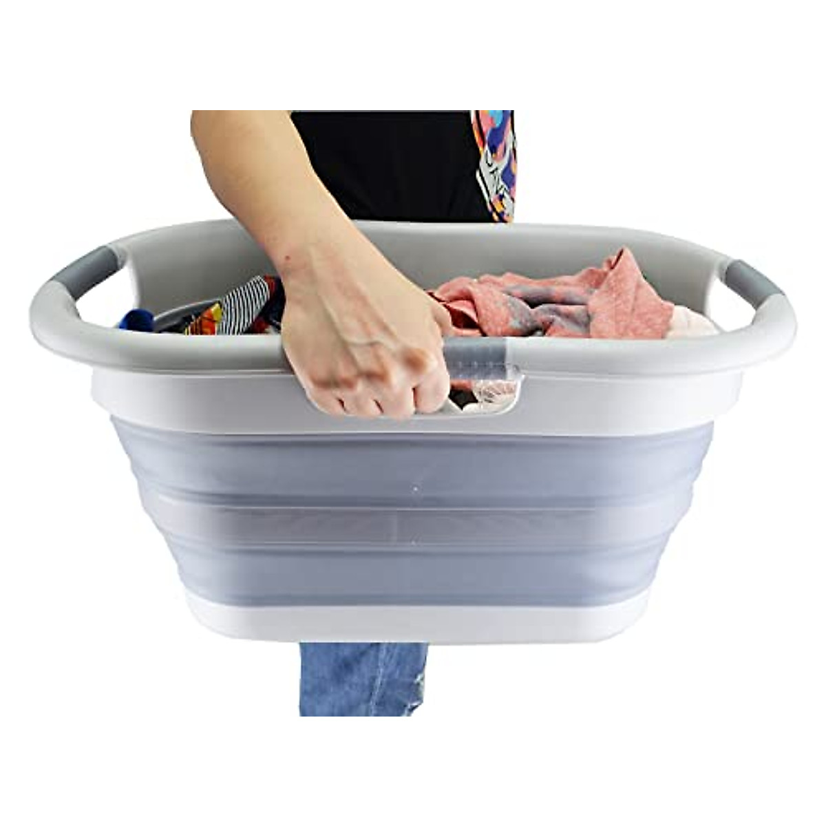 SAMMART 30L (7.9 gallon) Collapsible Plastic Laundry Basket - Foldable Pop Up Storage Container/Organizer - Portable Washing Tub - Space Saving Hamper/Basket (Grey/Dark Grey (Set of 2))
