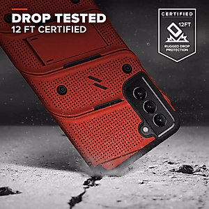 ZIZO Bolt Bundle for Galaxy S21 FE Case with Screen Protector Kickstand Holster Lanyard - Red & Black