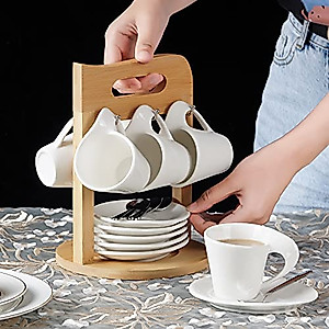 TRSPCWR Espresso Coffee Cup Set of 6, Ceramic Coffee Tea Cup Set 2.5oz with Holder and Saucer Service, Turkish Coffee Cup for Home Office Tea Coffee, White