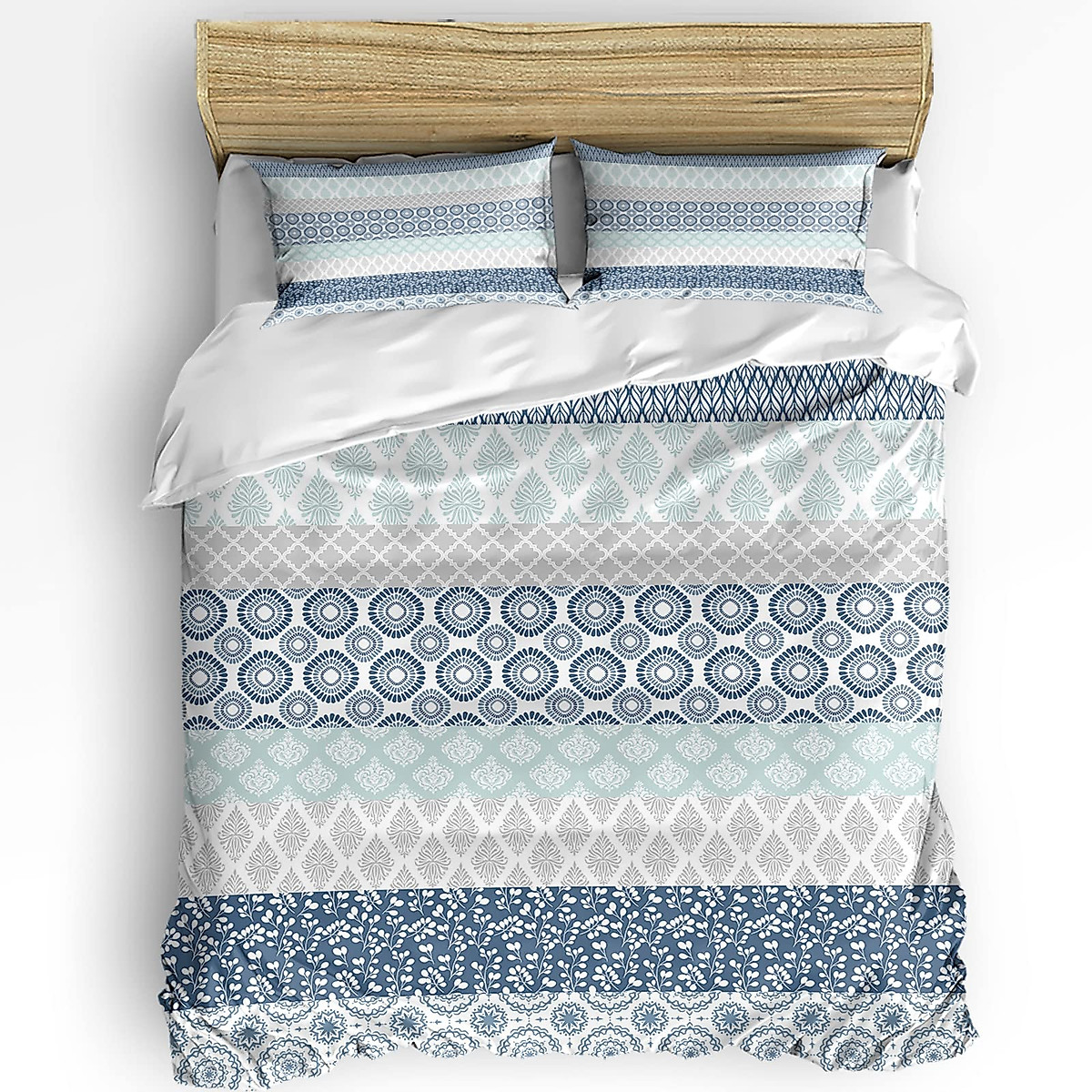 Duvet Cover Set California King Size Boho Comforter Sets 3 Pieces, Bohemian Geometric Stripes Teal Grey Bedding Set with Zipper Closure and 2 Pillow Cases, Soft Lightweight Bed Covers Bedroom Decor