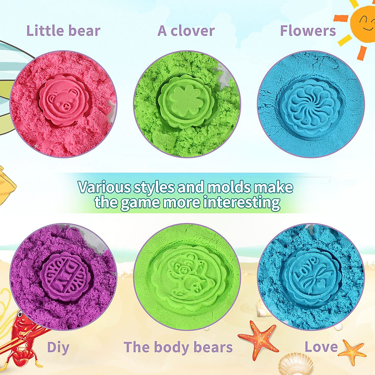 4 Color Magic Sand Set Beach Toys - HOVOCEL Kids' Sand Art Kits， Molds and Tray for Girls and Boys - Ideas for Children Activities Age 6+