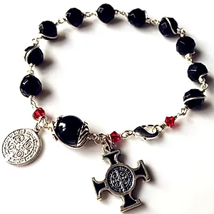 elegantmedical HANDMADE SILVETR Wire Wrap Black Agate Prayer Beads Bracelet Rosary Cross Catholic