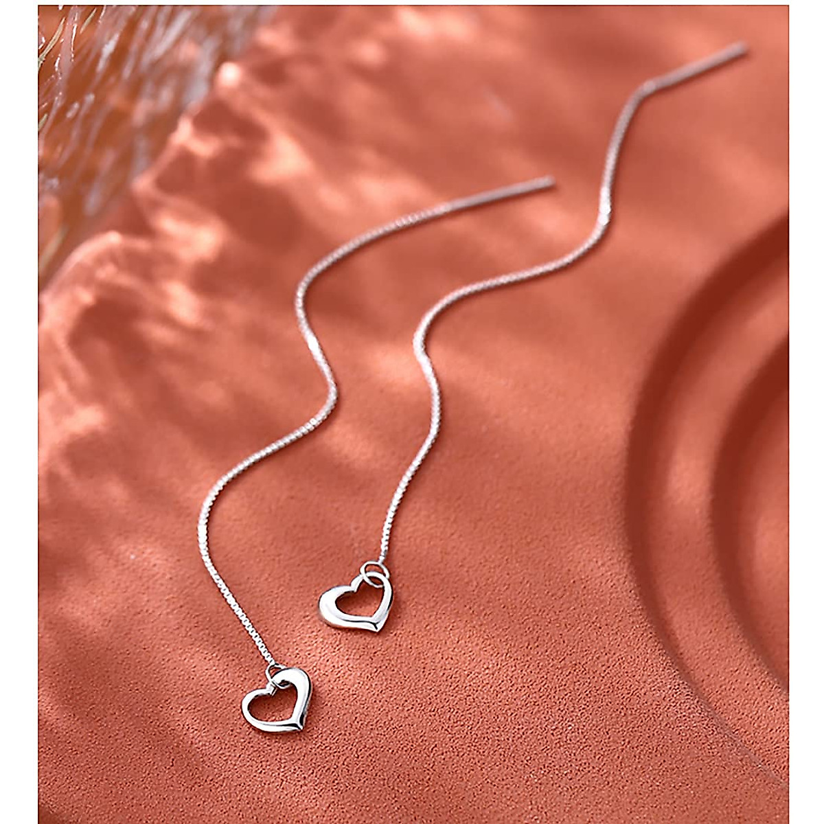 Reffeer Solid 925 Sterling Silver Love Heart Chain Dangle Earrings Tassel for Women Heart Dangle Earrings Threader Drops (A-Silver)