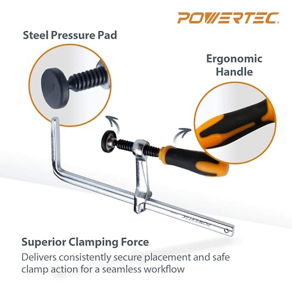 POWERTEC 71409 Quick Screw Guide Rail Clamp for MFT and Track Saw Guide Rail System, 7” Capacity x 2-3/8” Throat Depth, 400lbs Clamping Force – 2 Pack