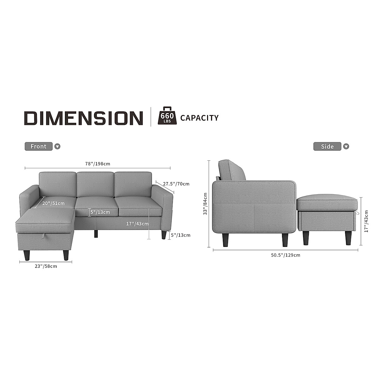Youmumeub Convertible Sectional Sofa Couch, L-Shaped Couch 3-Seat Sofa with Storage Reversible Chaise, Sectional Couches for Living Room, Apartment and Small Space (Light Gray)
