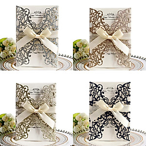 Wedding Invitation Cards,10PCS Hollow Floral Design Invites Card with Ribbon Best for Bridal Showers, Engagement Parties, Includes 10x [Covers + Blank Card +Ribbon] (Glitter Silver)