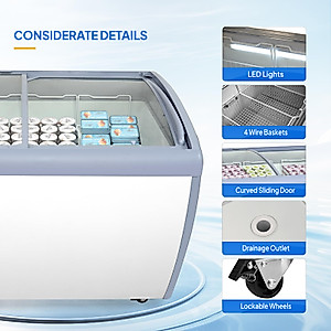 ROVSUN 12.7 Cu.Ft Commercial Ice Cream Freezer ETL NSF Certified, 50" Ice Cream Display Case Glass Top Chest Freezer w/LED Light 4 Removable Baskets Lockable Wheels Sliding Door for Store Supermaket