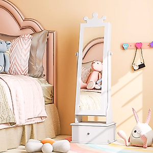 Costzon Kids Jewelry Armoire Cabinet, 45” Standing Jewelry Organizer with Full-Length Mirror, 3 Storage Drawers, Kids Vanity Dress Up Mirror Jewelry Cabinet for Girls (White)