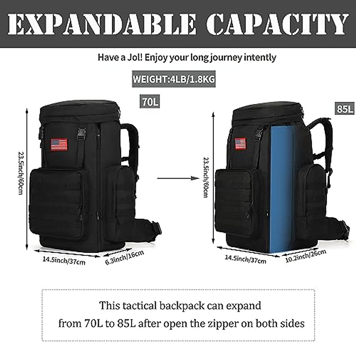 4land Big Camping Backpack for Men, Extra Large Hiking Backpack for Travel, 60L70L85L Oversized Waterproof Military Rucksack