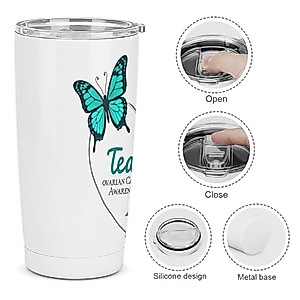 Teal Ribbon Butterfly Heart Ovarian Awareness 20 OZ Stainless Steel Tumbler Travel Car Coffee Mug with Straw Lid Cleaning Brush Coffee Tumbler Mug for Women Men