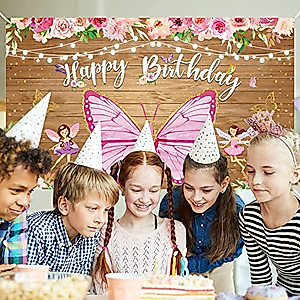 Butterfly Birthday Banner Backdrop Decorations for Girls Women, Fairy Themed Happy Birthday Backdrop Sign Party Supplies, 10th 16th 21st 30th 40th 50th Pink Flower Bday Background Decor