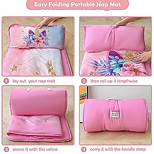 KINBEDY Pink Unicorn Toddler Nap Mat for Daycare Preschool Girls Floral Kids Sleeping Mat Pad Toddler Bedding Set Portable Baby Sleeping Bag with Pillow and Blanket for Travel Camping Outdoor