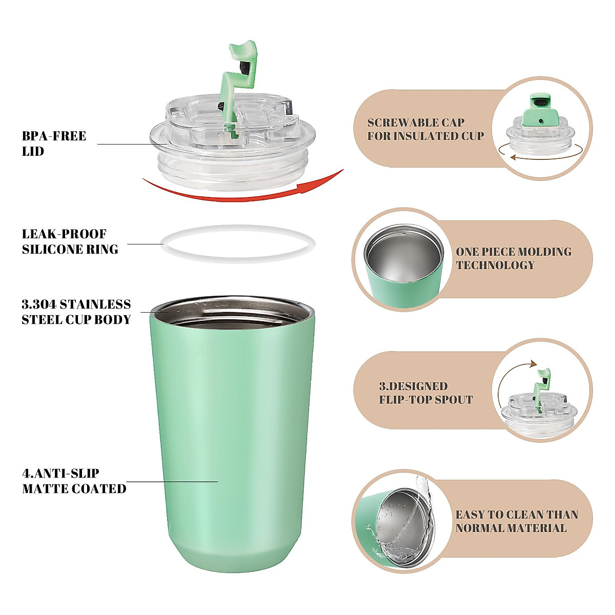 Puraville Insulated Tumblers with Lid, 14 oz Travel Coffee Mug Stainless Steel Vacuum Cup, Leak Proof Reusable Double Walled Coffee Tumbler for Iced and Hot Drinks, Green