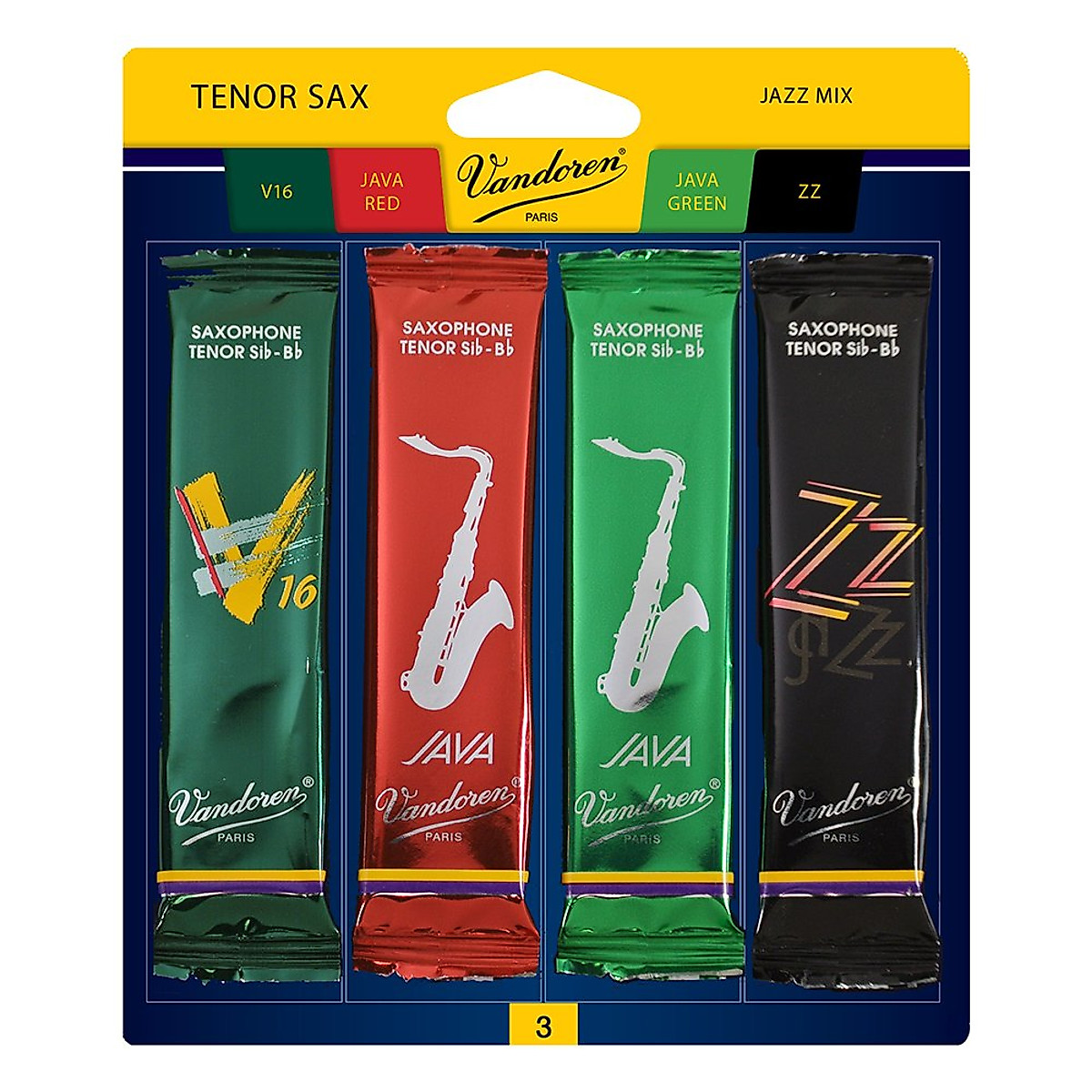 Vandoren SRMIXT3 Tenor Sax Jazz Reed Mix Card includes 1 each ZZ, V16, JAVA and JAVA Red Strength 3