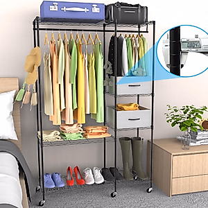 COCOBELA Heavy Duty Clothes Rack with Shelves, Garment Rack with Drawers, Clothing Racks with Wheels, Portable Clothing Storage Rack for Hanging Clothes Freestanding Closet Metal Wardrobe